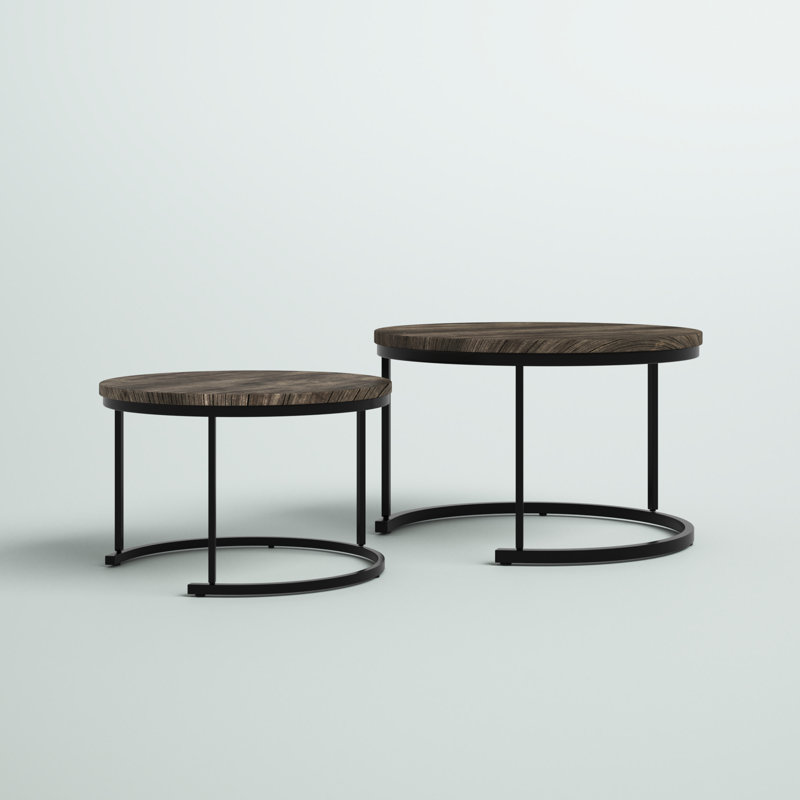 Steelside™ Zavier 2-Piece Round Nesting Coffee Table Set with Gray-Brown Woodgrain Top and Black ...